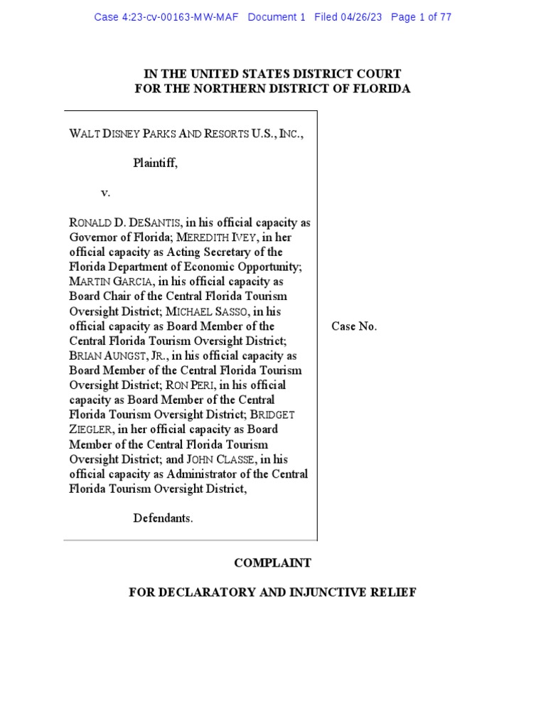 File-Stamped Disney Complaint V DeSantis | PDF | Justice | Crime & Violence