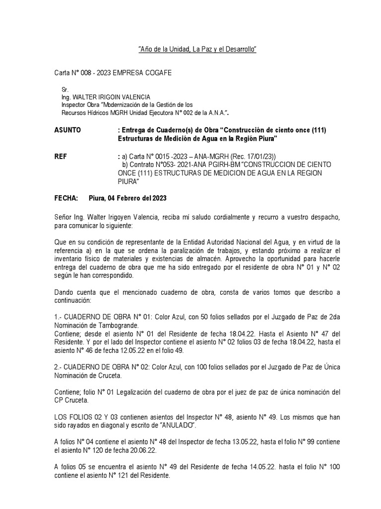 Carta #008 - 2023 - Entrega CuadernoObra Inspector | PDF Carta #008 - 2023 - Entrega CuadernoObra Inspector | PDF