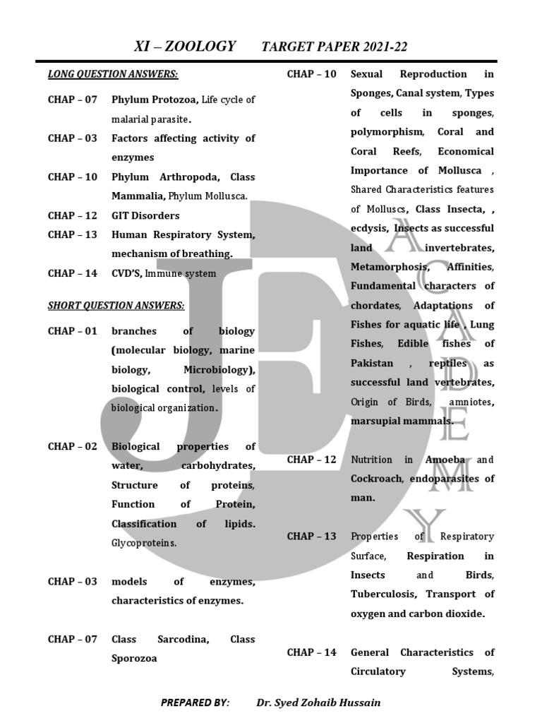 Guess paper XI Zoology 2022 | PDF | Biology | Enzyme