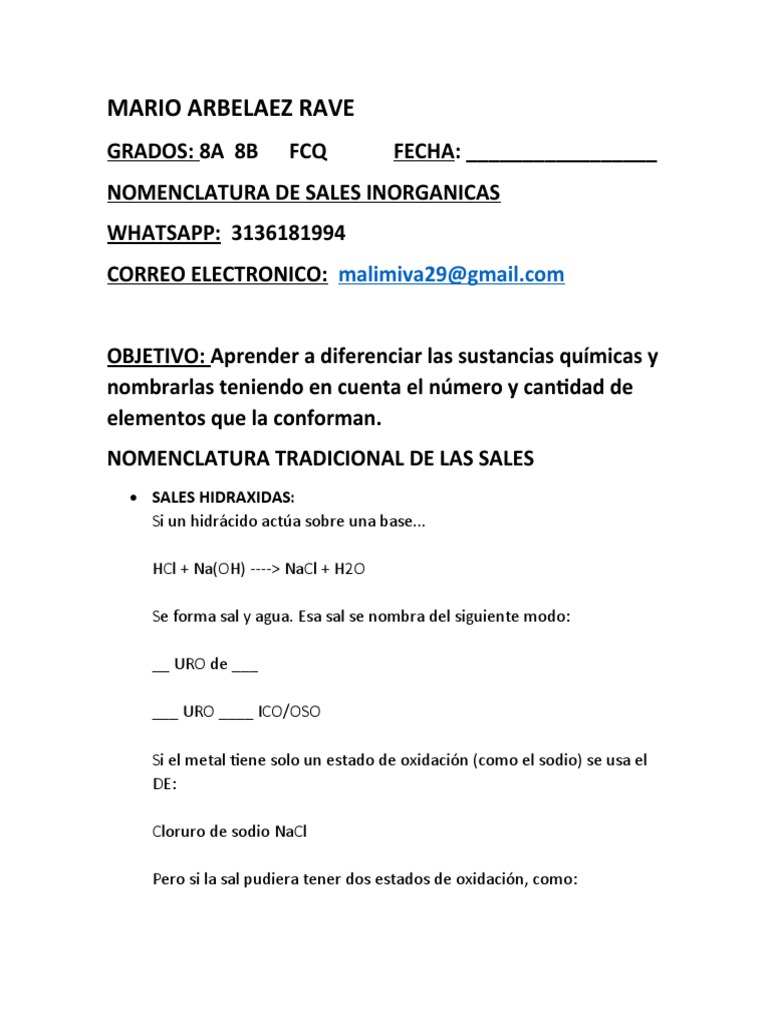 Nomenclatura de Sales | PDF | Sal (química) | Ácido