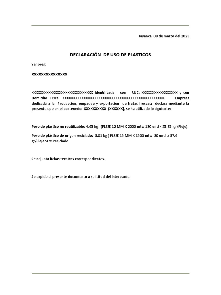 Declaración de Uso de Plasticos | PDF