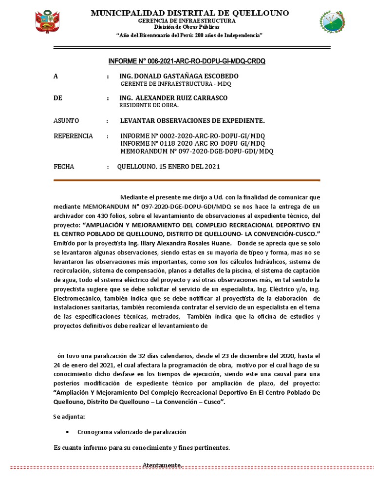 INFORME 008 LEVANTAR OBSERVACIONES DE EXPEDIENTE | PDF