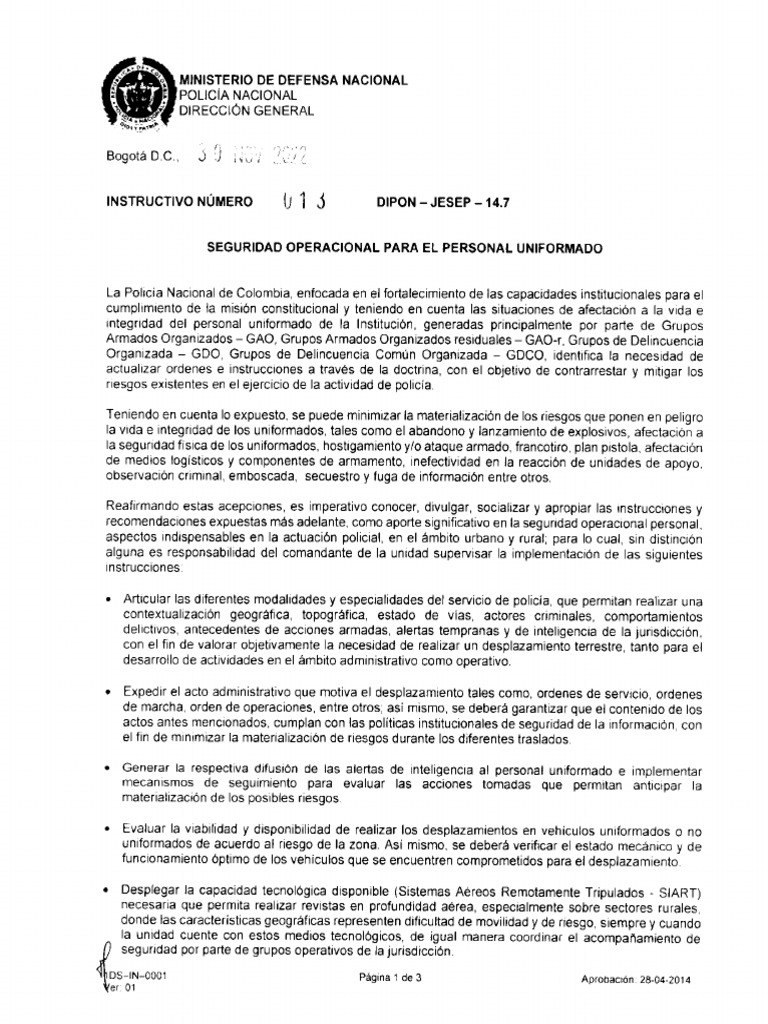 Instructivo No. 013 301122 Seguridad Operacional para El Personal Uniformado | PDF