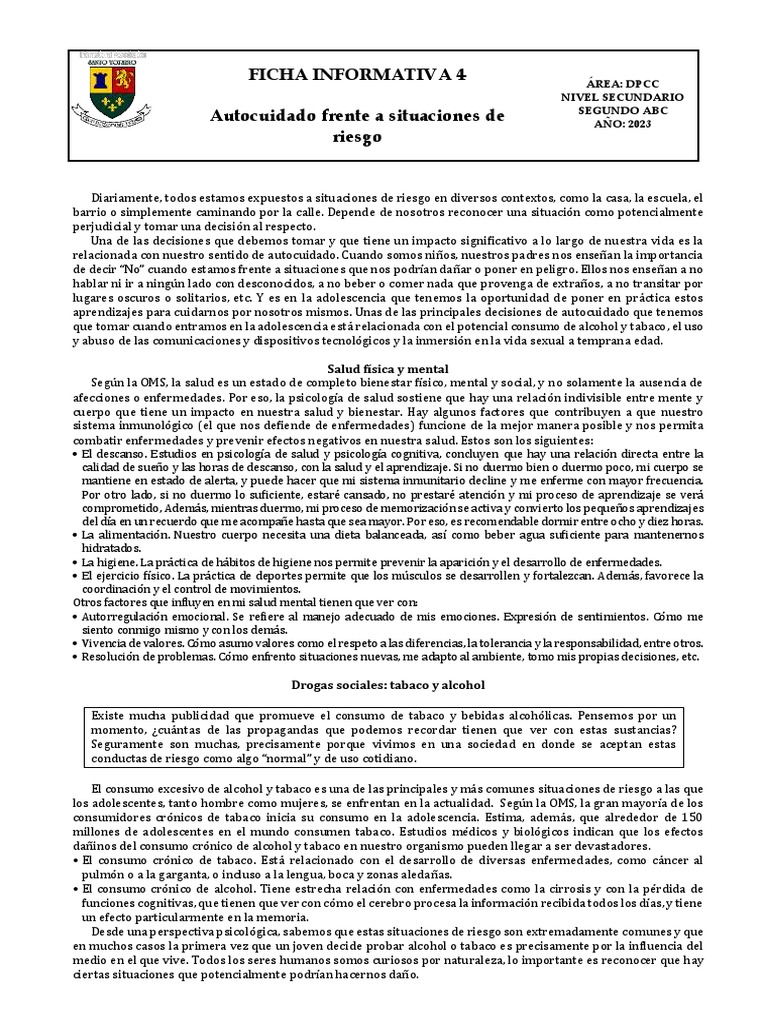 FICHA INFORMATIVA 4 DPCC 2do | PDF | Drogas | Adolescencia FICHA INFORMATIVA 4 DPCC 2do | PDF | Drogas | Adolescencia