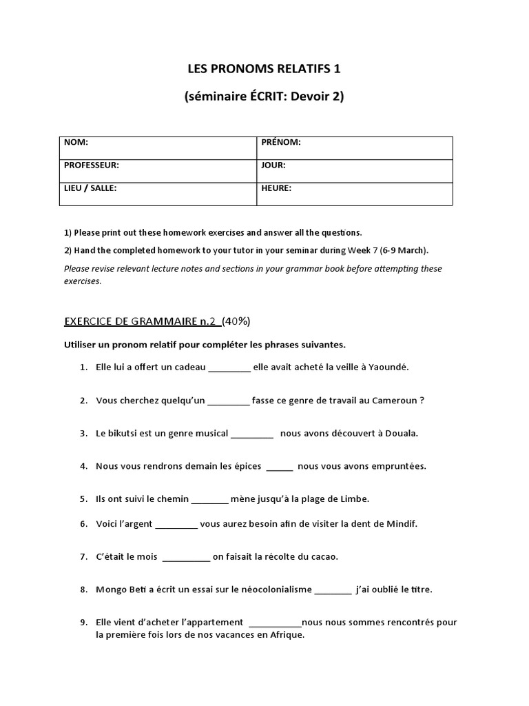 Exercices sur les pronoms relatifs | PDF