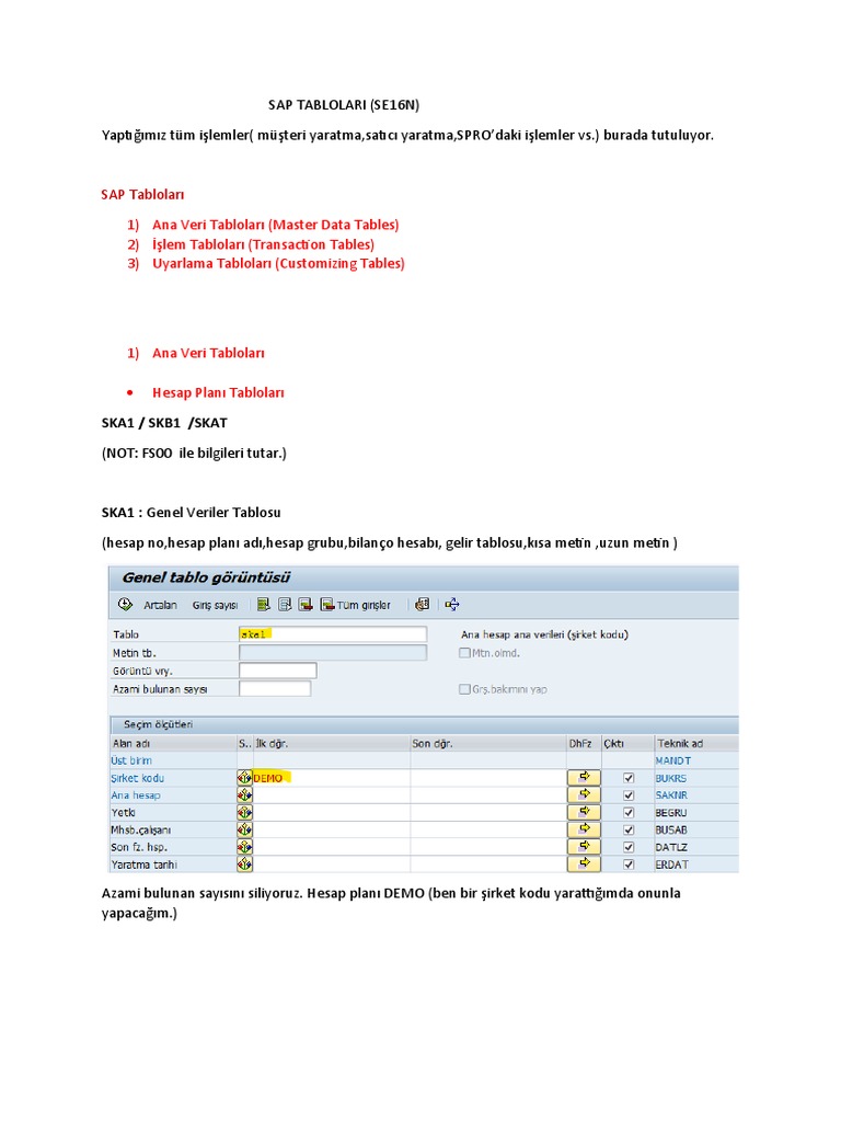 1) Ana Veri Tabloları (Master Data Tables) 2) İşlem Tabloları ...