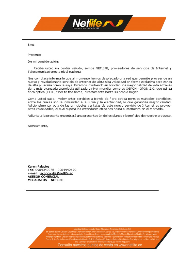 Carta Presentacion NETLIFE PYME 2022 | PDF | Internet | Fibra óptica