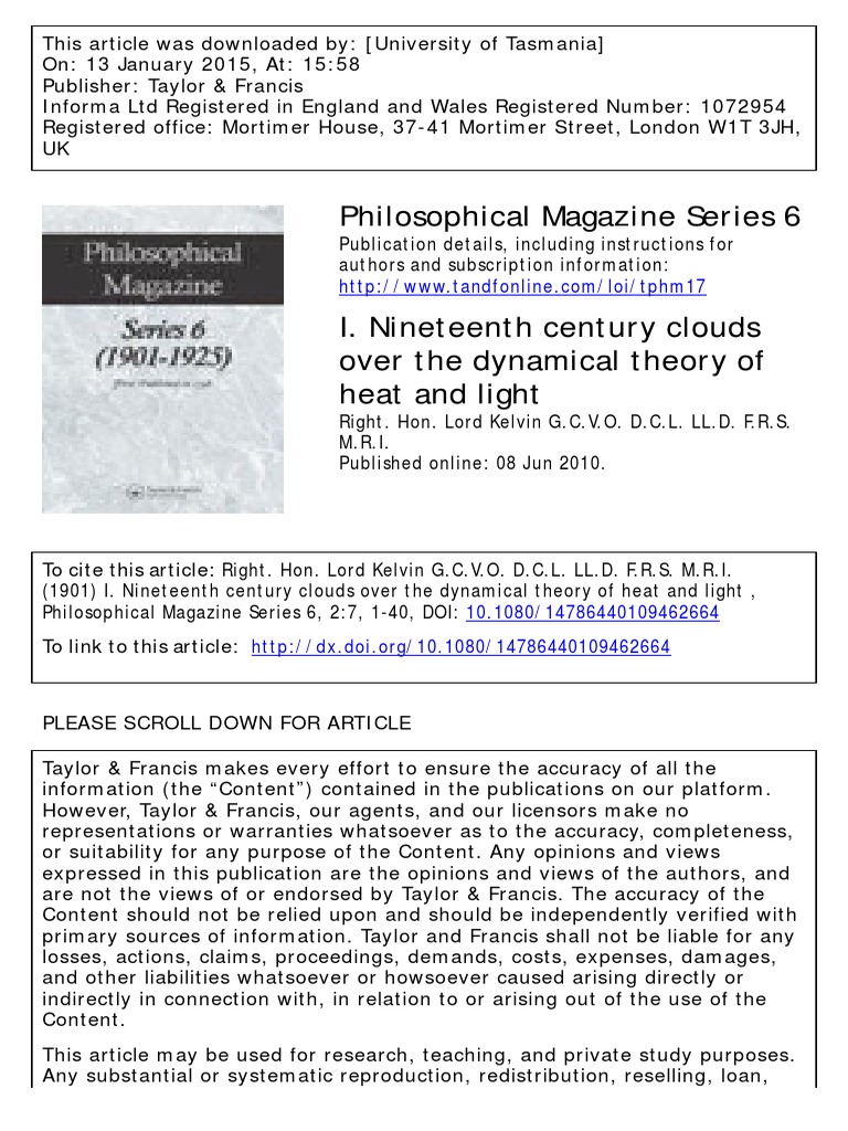 Philosophical Magazine Series 6: To Cite This Article: Right. Hon. Lord Kelvin G.C.V.O. D.C.L ...
