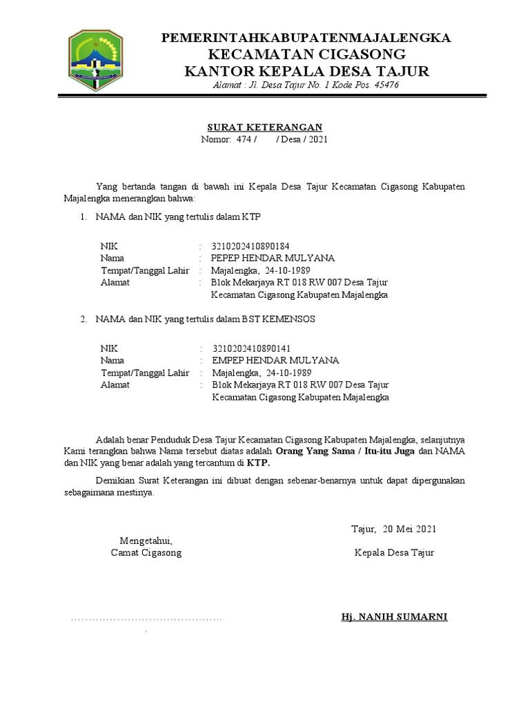 Surat Keterangan Beda Nama Nik | PDF