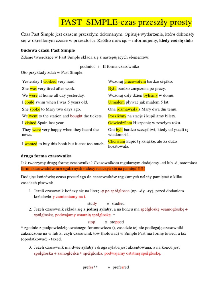 Past Simple - Budowa Zasady | PDF
