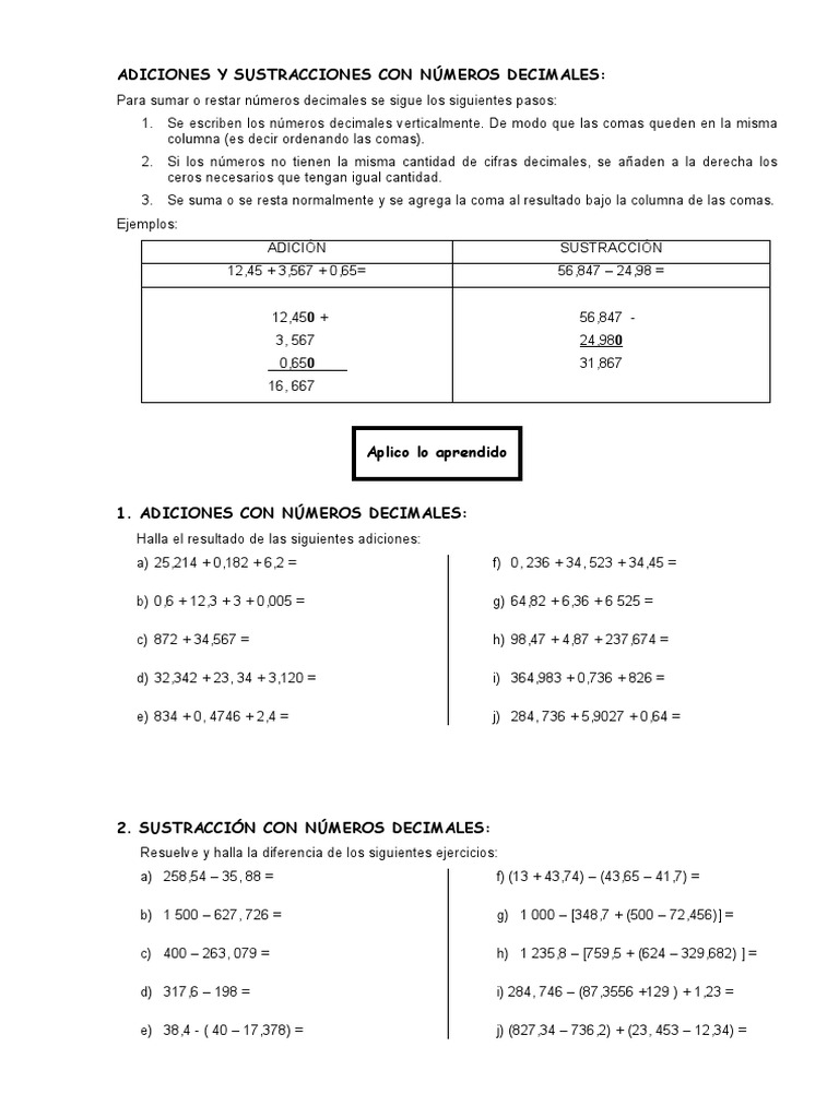 Suma y Resta de Decimales para Primaria | PDF