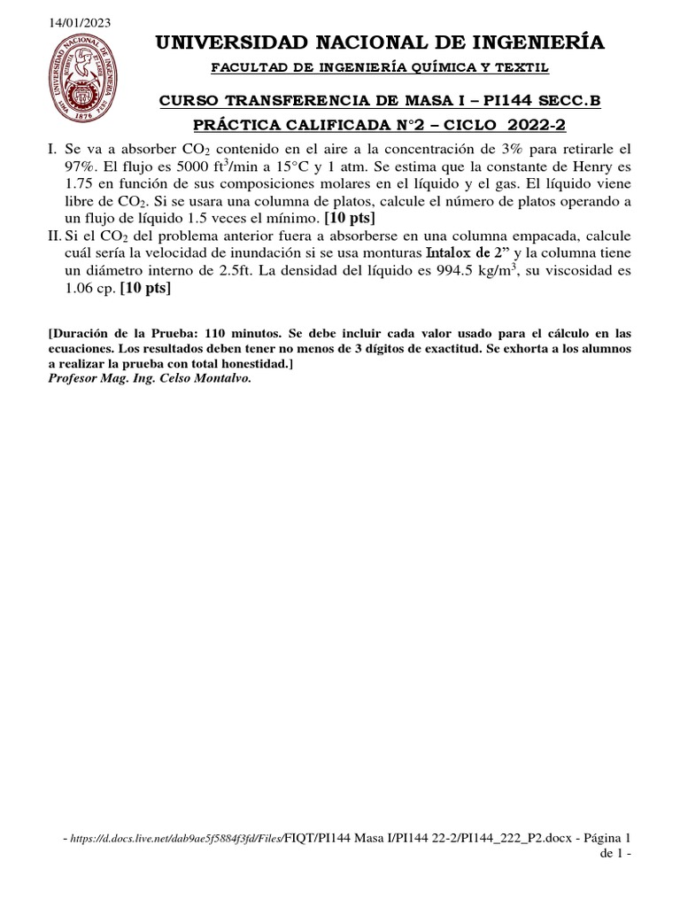 Universidad Nacional de Ingeniería: Curso Transferencia de Masa I - Pi144 Secc.B Práctica ...