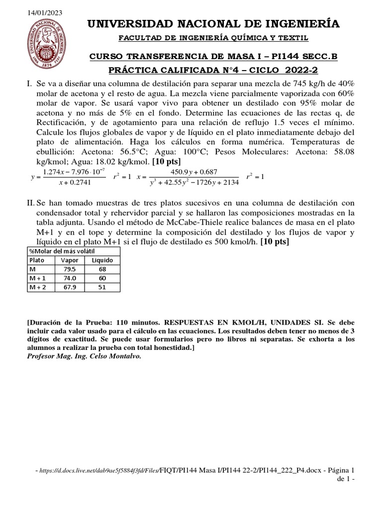 Universidad Nacional de Ingeniería: Curso Transferencia de Masa I - Pi144 Secc.B Práctica ...
