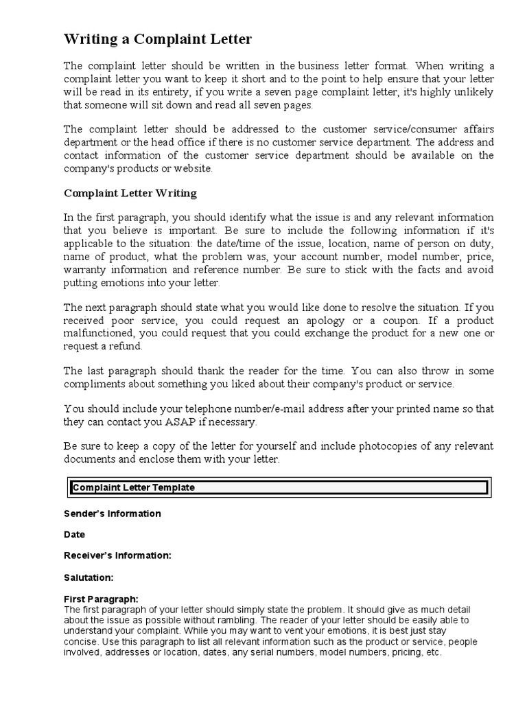 Business Complaint Letter Format
