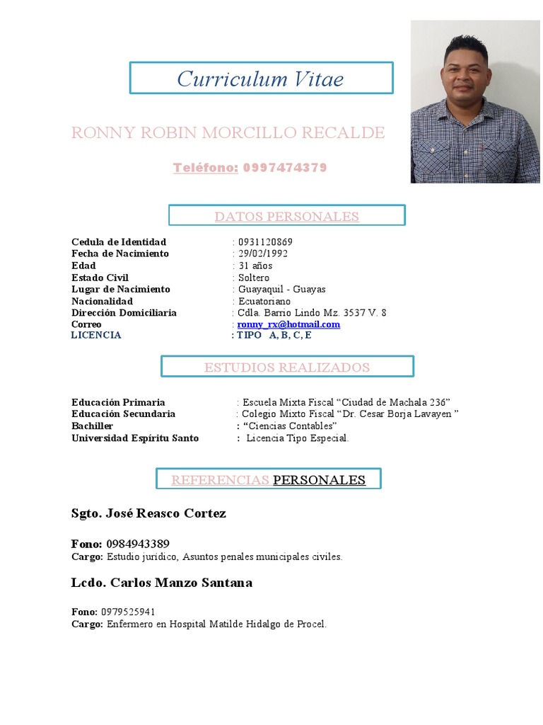 Currículum de Ronny Morcillo: Chofer Profesional | PDF | Política | Ciencias sociales