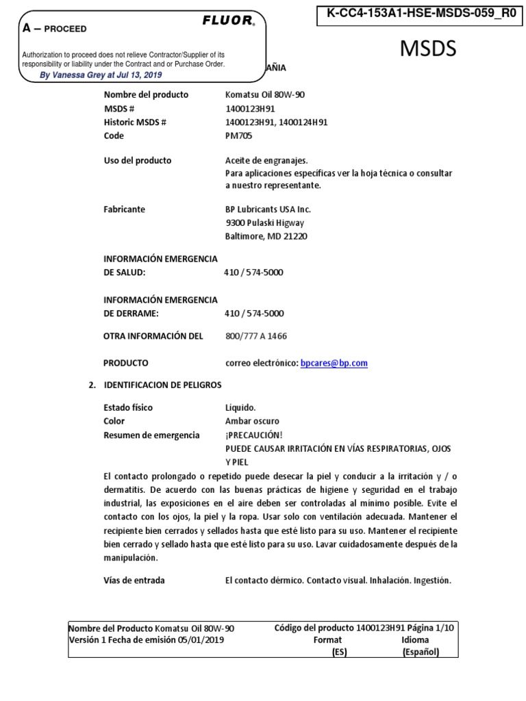 K CC4 153A1 HSE MSDS 059 - R0 - EA (Komatsu Oil 80W 90 Aceite de Engranajes) | PDF | Residuos ...