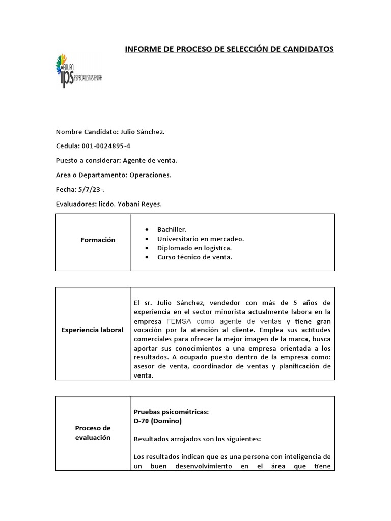 Informe de Proceso de Selección de Candidatos | PDF | Marketing | Ciencia cognitiva