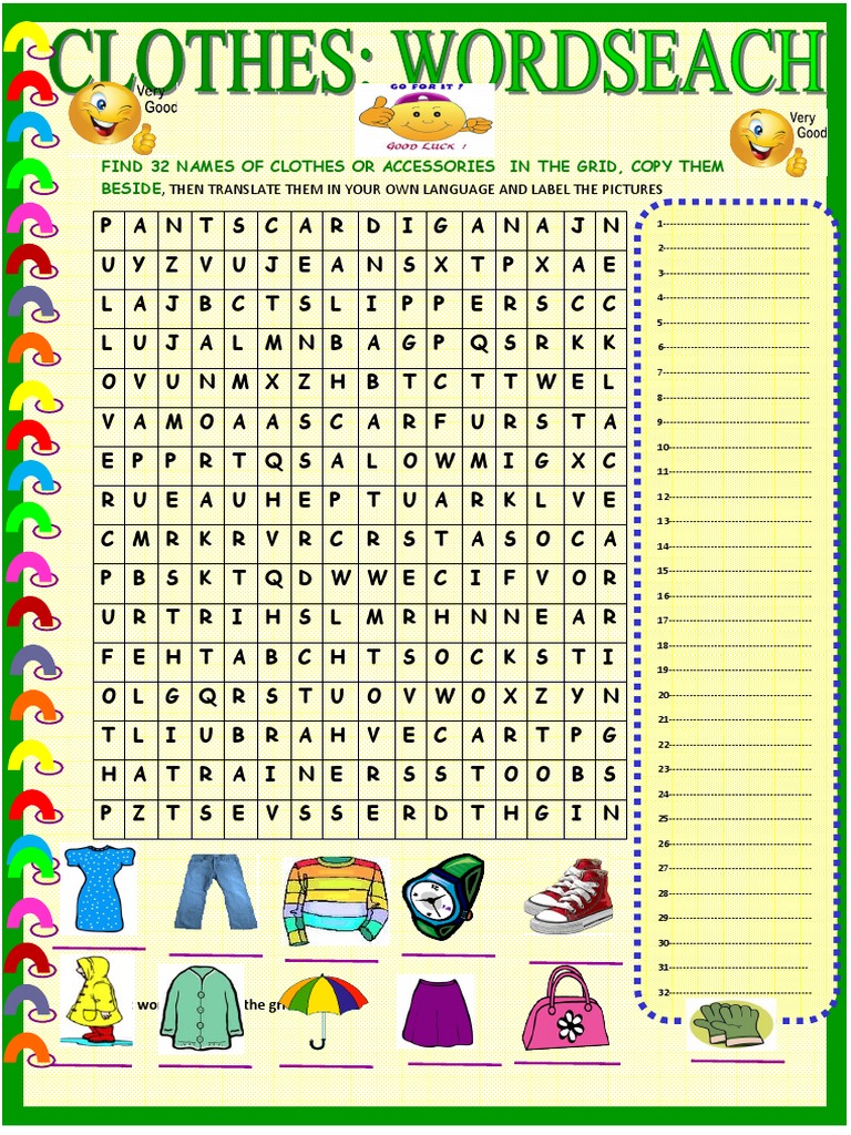 Clothes Wordsearch With Key Wordsearches - 85436xxxxxxxxxx | PDF