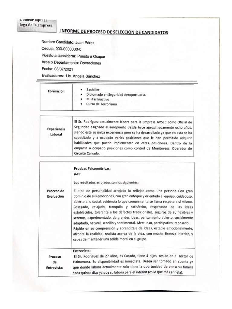 Informe de Proceso de Selección de Candidatos | PDF