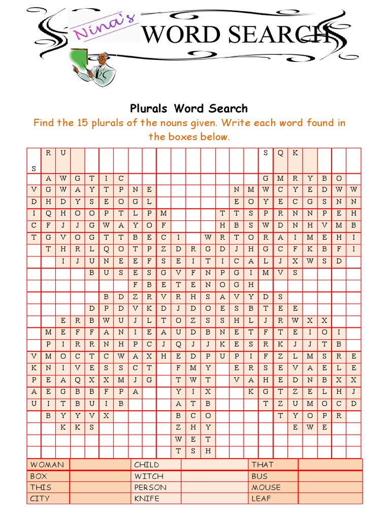 Irregular Plurals 1 Wordsearch Wordsearches - 56476 | PDF | Plural ...