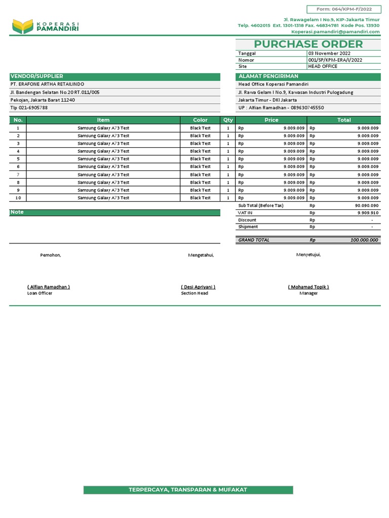 Purchase Order Koperasi Pamandiri | PDF