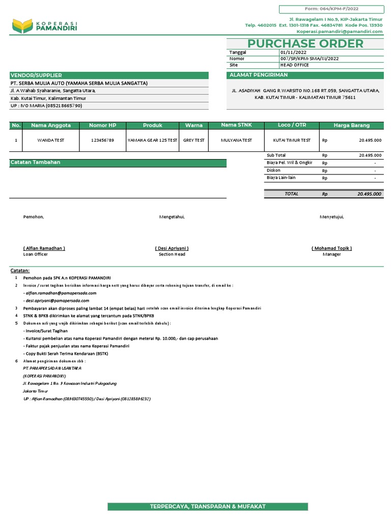 Pembelian Yamaha Gear 125 oleh Koperasi Pamandiri | PDF
