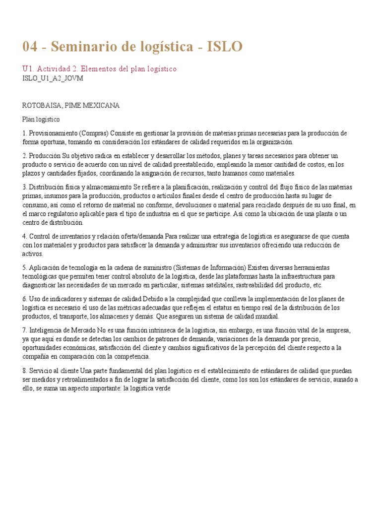 04 - Seminario de Logística - ISLO: U1. Actividad 2. Elementos Del Plan Logístico | PDF ...
