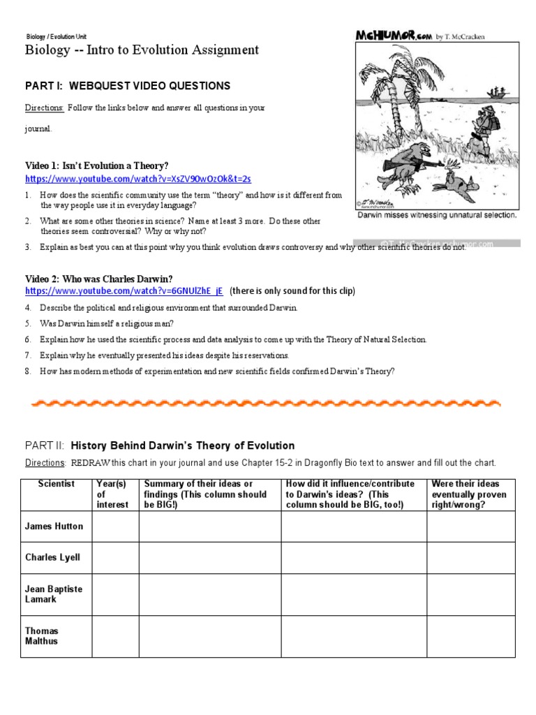 Biology - Intro To Evolution Assignment: Part I: Webquest Video ...