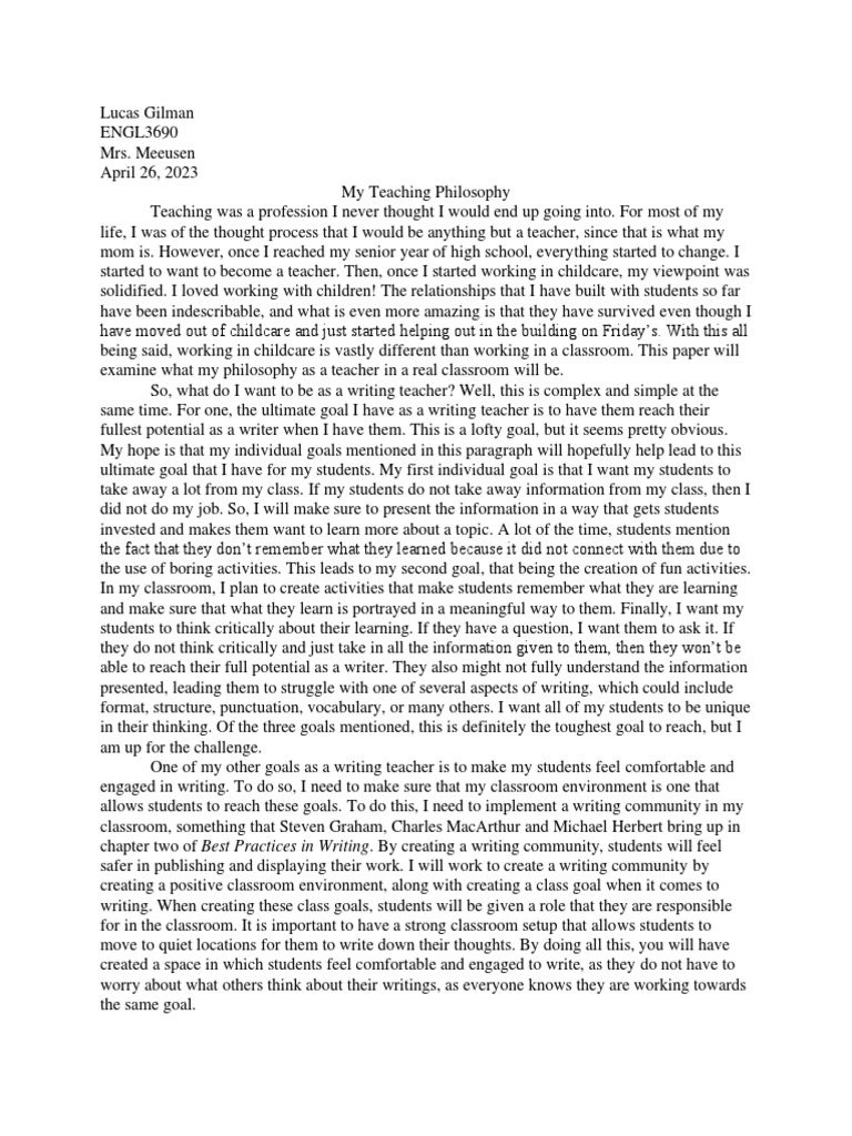 Teaching Philosophy - Lucas Gilman | PDF | Classroom | Educational ...