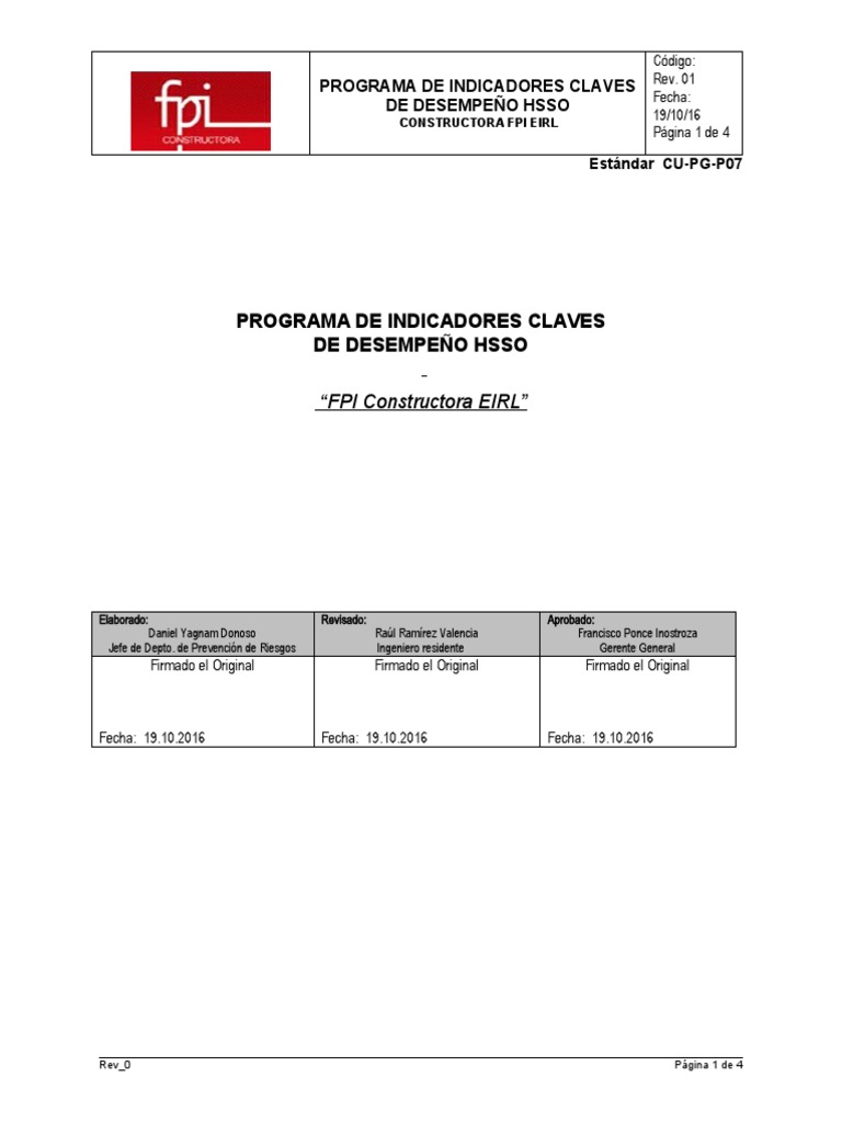 Programa de Indicadores Claves de Desempeño Hsso: "FPI Constructora EIRL" | PDF