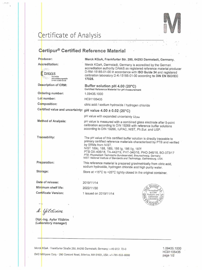 Certificado Buffer PH4 - PH7 - PH10 Act | PDF | Ph | Physical Chemistry