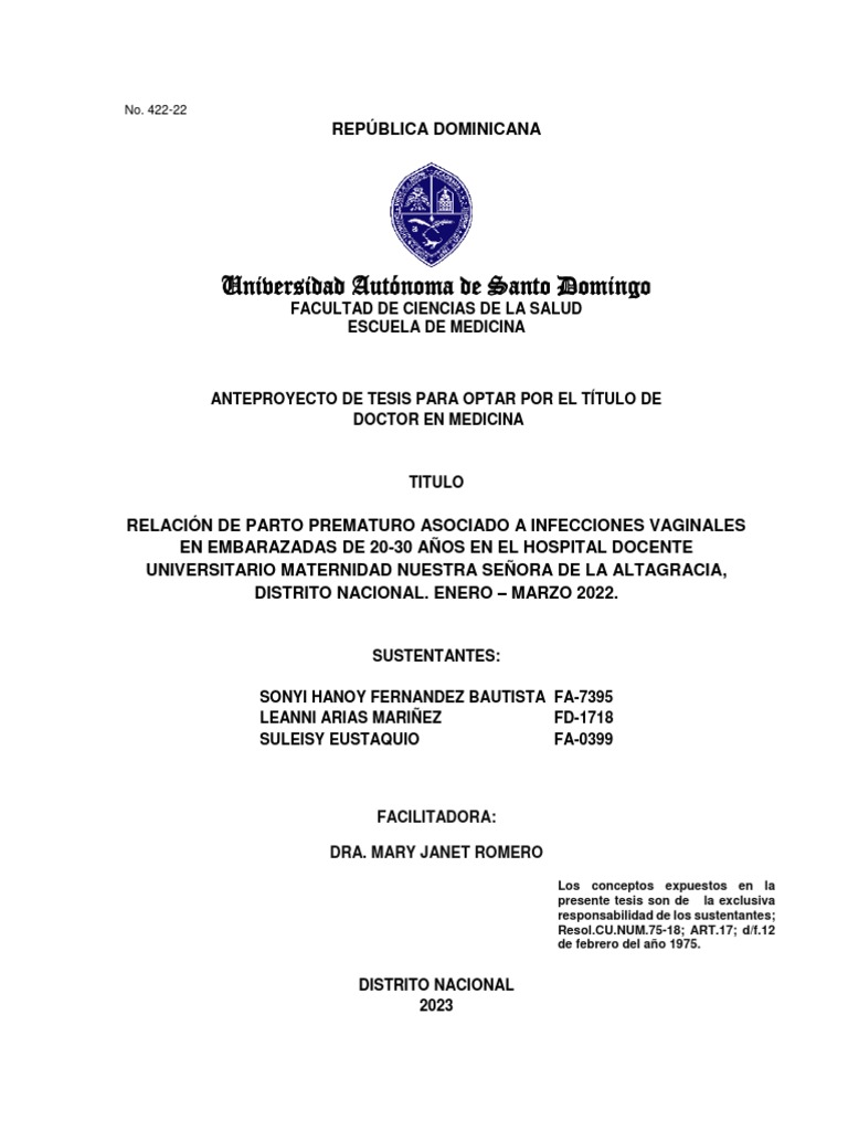 ANTEPROYECTO 1 Corregido Planteamiento 4 | PDF | Parto prematuro | El embarazo