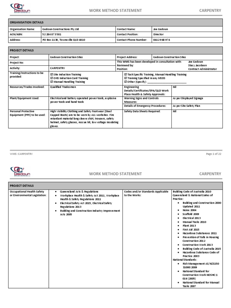 Work Method Statement Carpentry: Organisation Details | Download Free ...