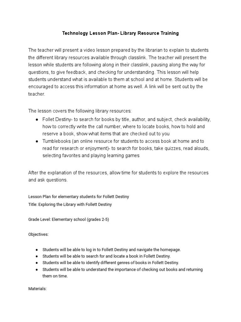 Technology Lesson Plan - Library Resource Training 1 | PDF | Libraries ...