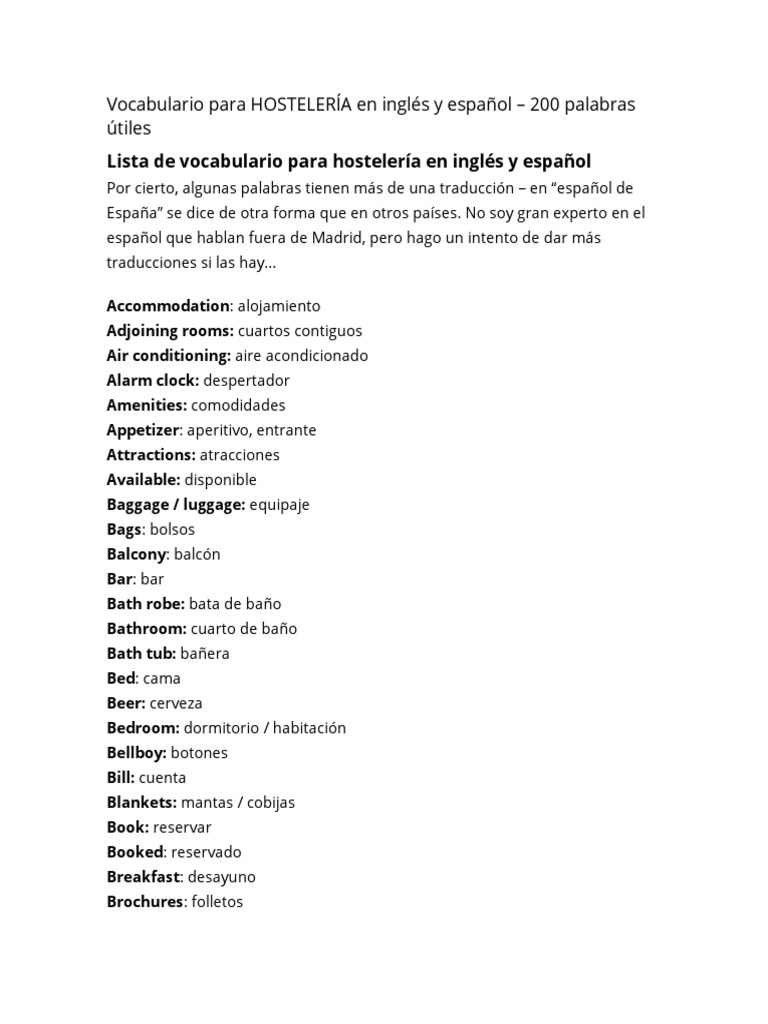 Vocabulario de Hostelería: 200 Palabras | PDF | Inicio