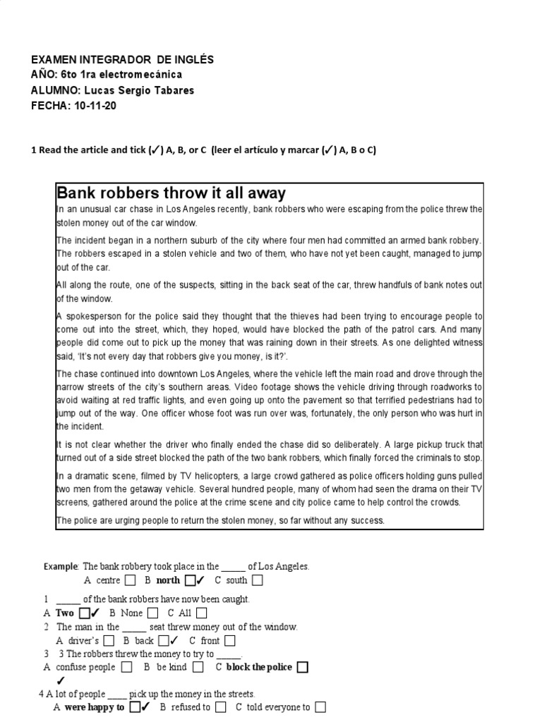 Evaluaci n Integradora Ingles 6to 1ra Electromec nica PDF Police
