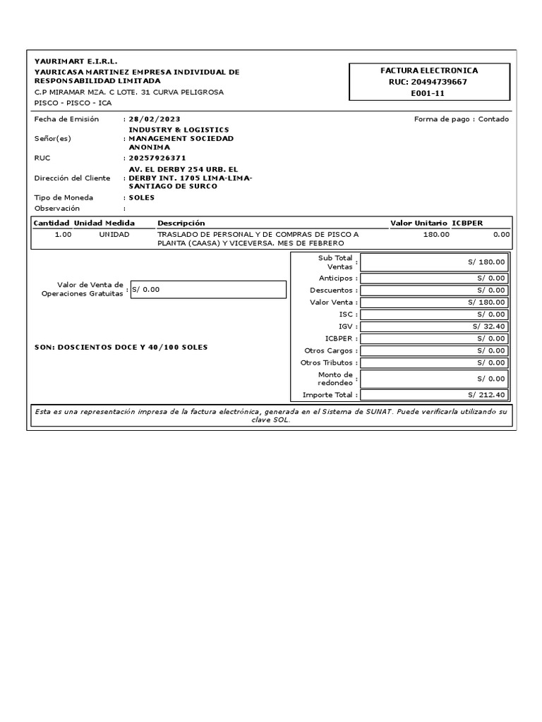 Factura Electronica RUC: 20494739667 E001-11 | PDF | Dinero | Pagos
