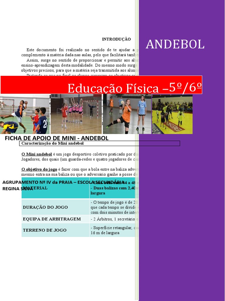 Ficha de Apoio de Andebol 5º-6º Ano | PDF | Esportes