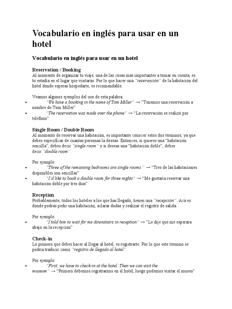 Vocabulario en Inglés para Usar en Un Hotel | PDF | Hotel