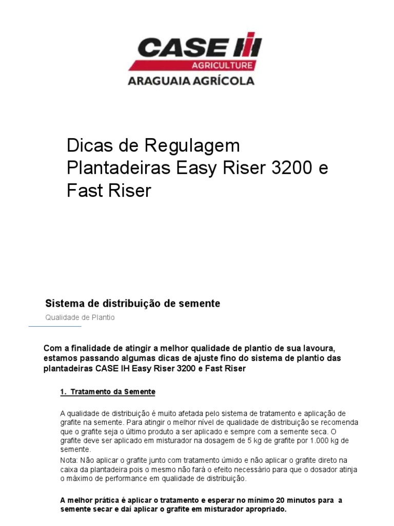 Dicas de Regulagem Plantadeiras CASE IH Easy Riser 3200 e Fast Riser | PDF | Pressão