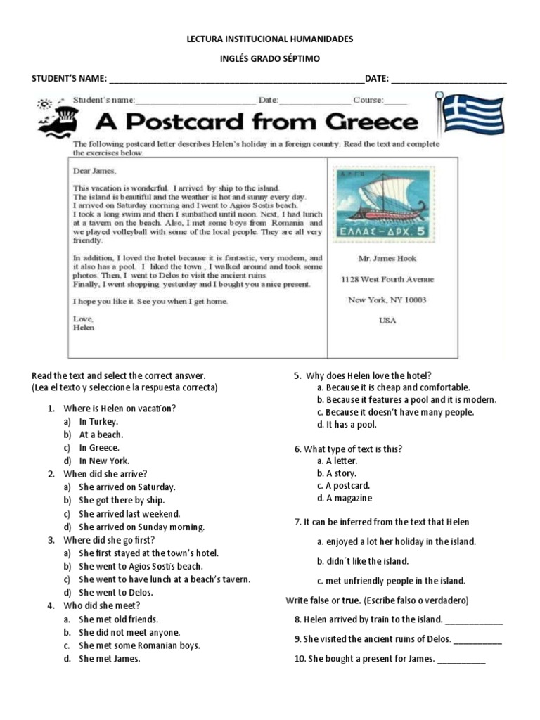 COMPRENSIÓN LECTORA INGLÉS 7 | PDF