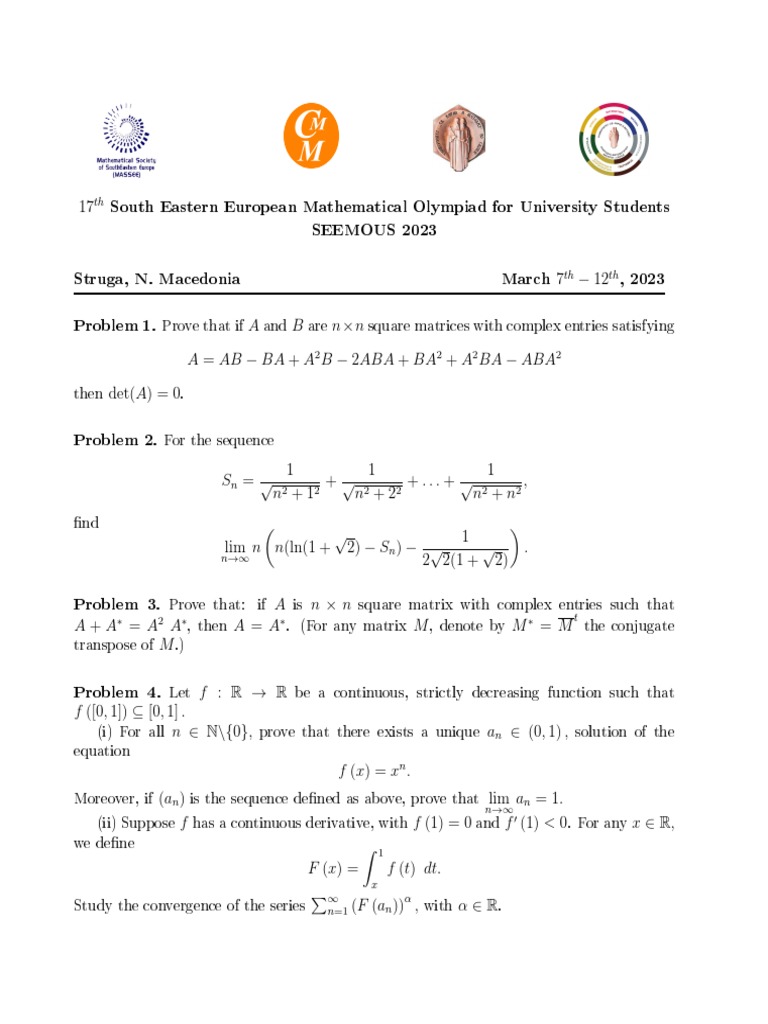 SEEMOUS 2023: University Math Problems | PDF