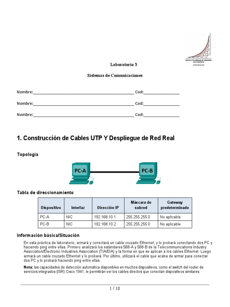 Construcción de Cables UTP Y Despliegue de Red Real: Laboratorio 3 ...