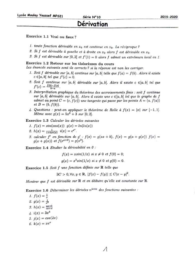 TD Derivation Mpsi 1 | PDF | Calcul | Analyse réelle