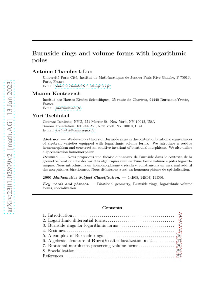 Burnside Rings and Volume Forms With Logarithmic Poles: Antoine ...