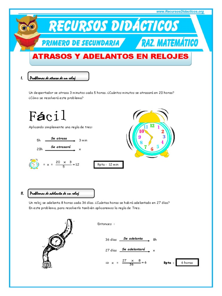 Atrasos y Adelantos en Relojes para Primero de Secundaria | PDF | Matemáticas