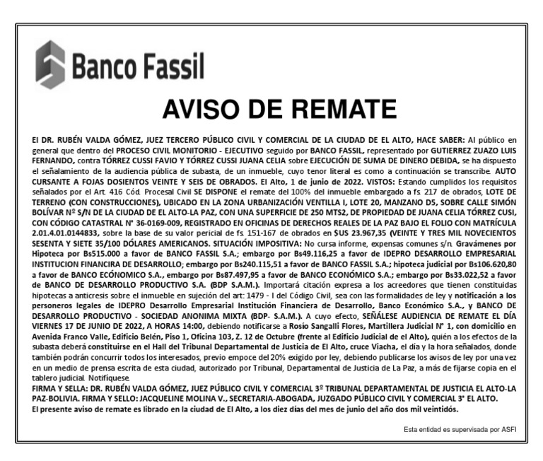 Aviso de Remate Bfs-Favio Torres Cussi-Juana Celia Tórrez Cussi 13-06 ...