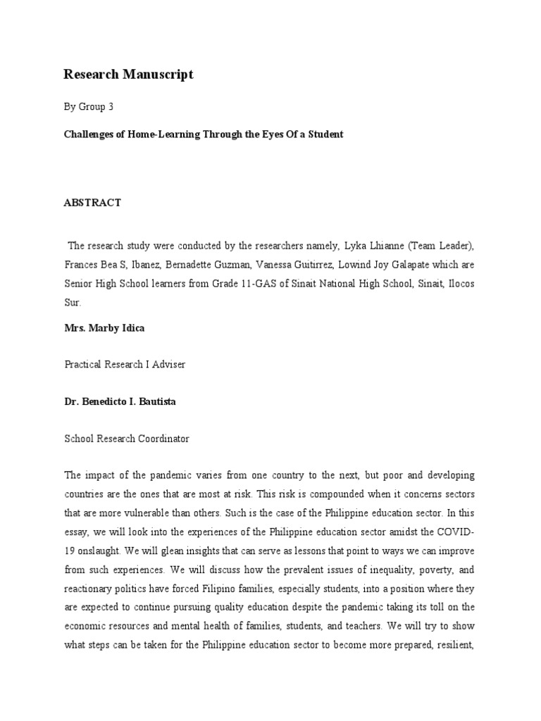 Research Manuscript: Challenges of Home-Learning Through The Eyes of A Student | PDF | Survey ...