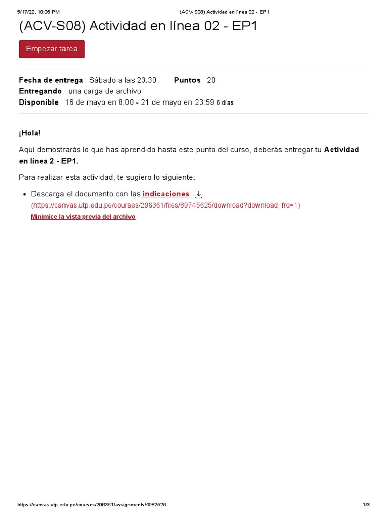 (ACV-S08) Actividad en Línea 02 - EP1: Empezar Tarea | PDF
