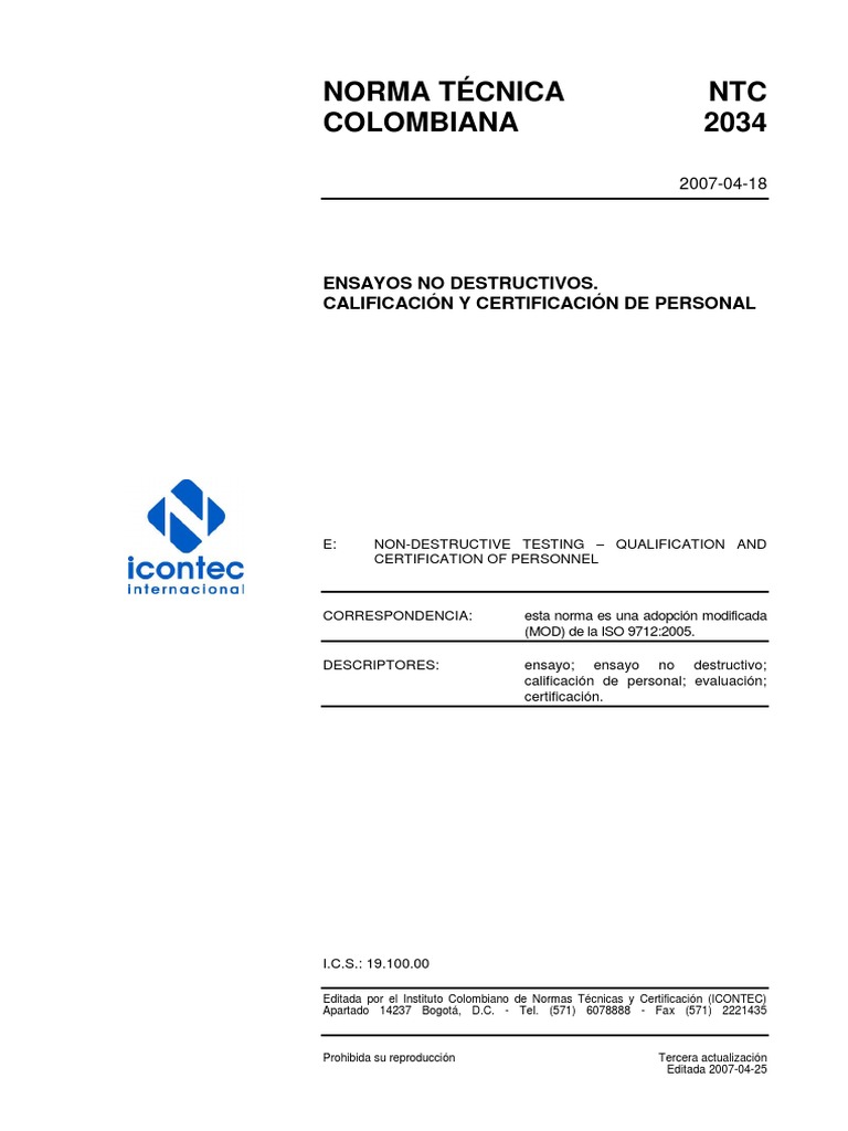 NTC2034 Ensayos No Destructivos. Calificación y Certificación de Personal | PDF | Regulación
